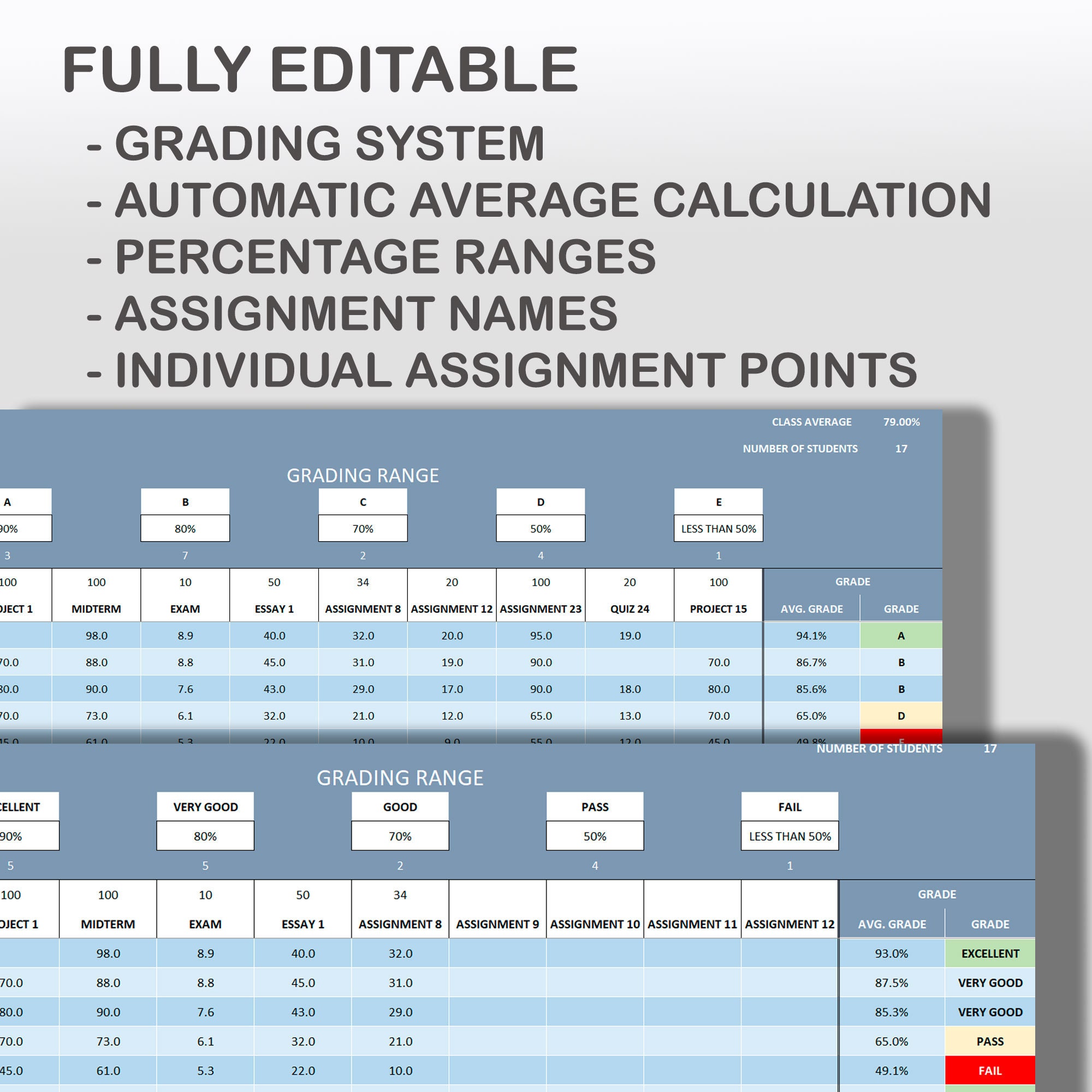 Simple Student Grade Book Excel Google Sheets Spreadsheet, Editable ...