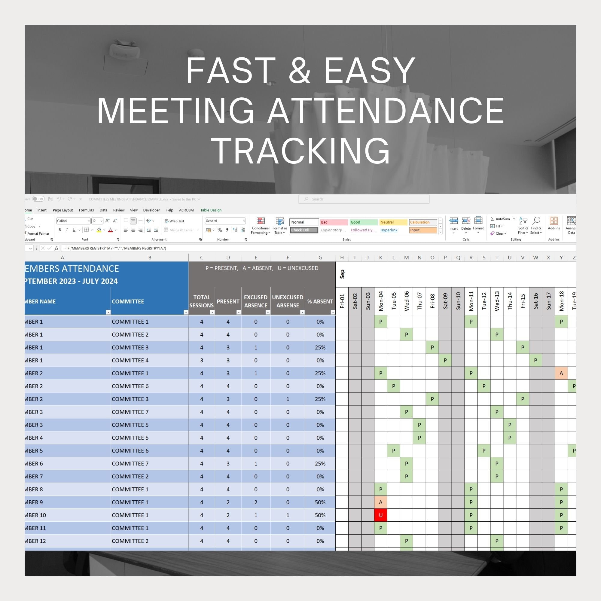 Manage Multiple Committees Meetings Attendance, Excel Spreadsheet ...