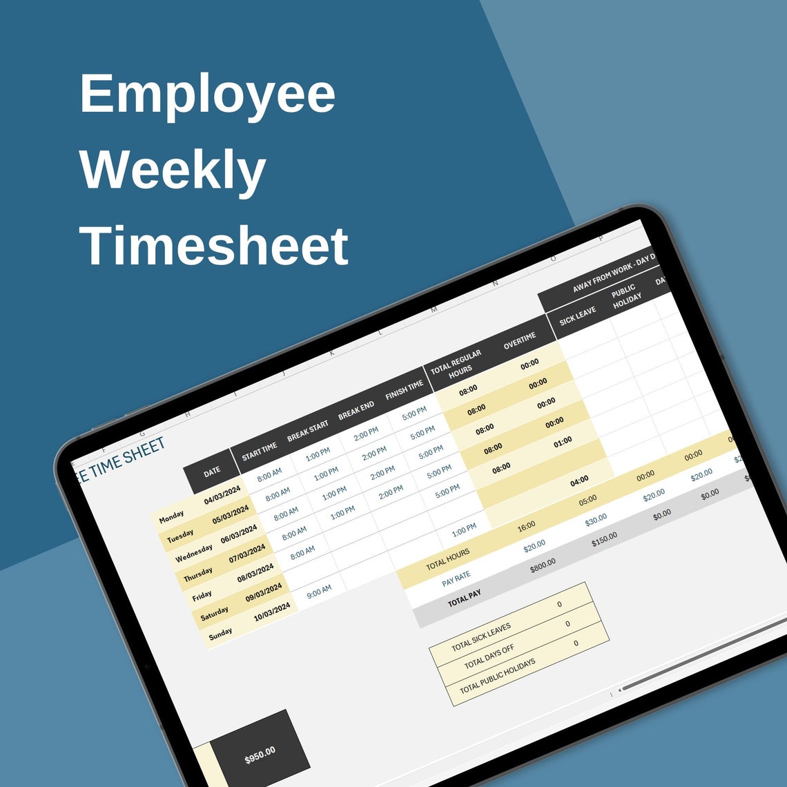 Employee Weekly Timesheet Excel Template Spreadsheet, Google Sheets Compatible, Regular Overtime ...