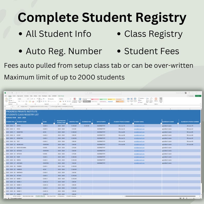 School Students Management Excel Template, Student and Class Registry ...
