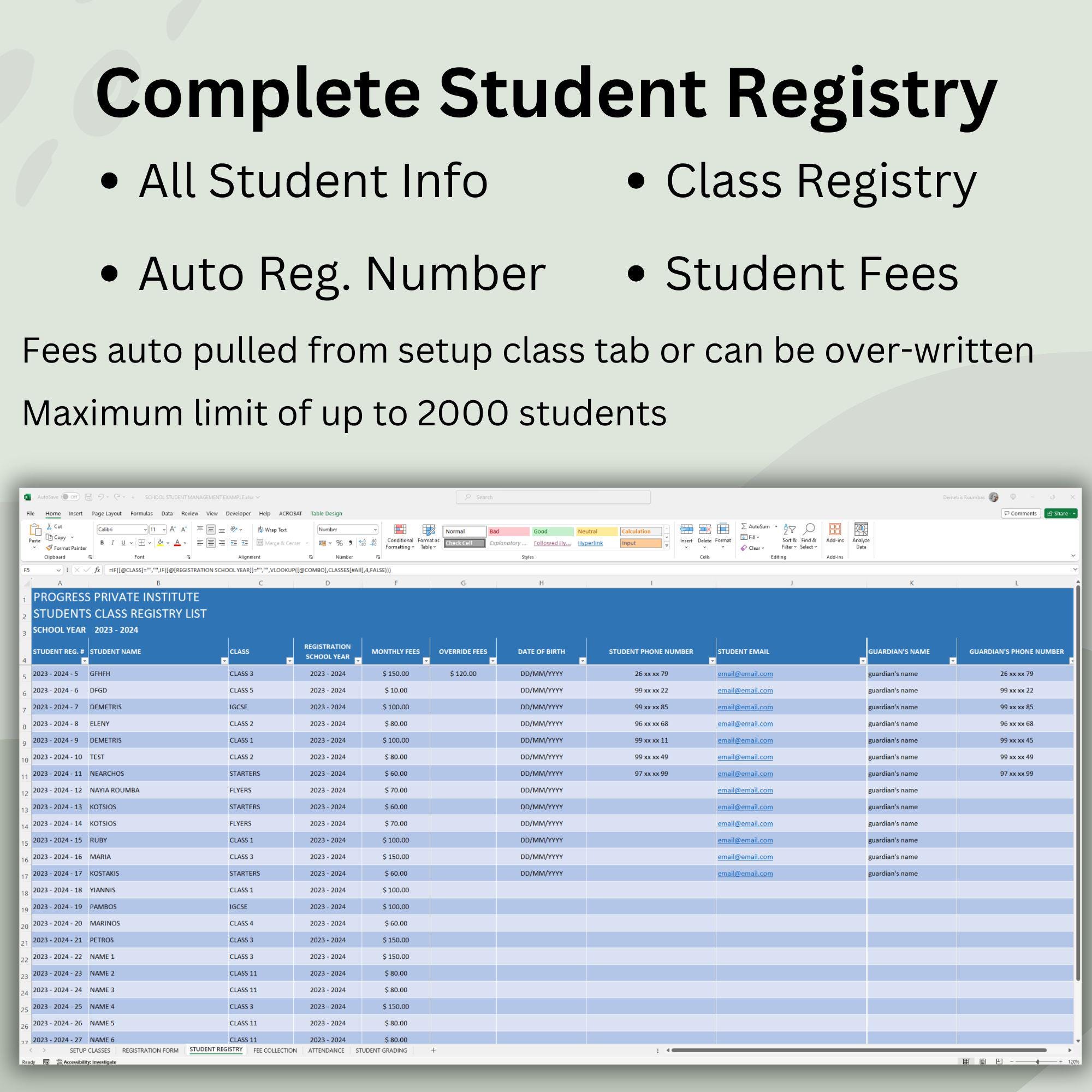 School Students Management Excel Template, Student and Class Registry ...