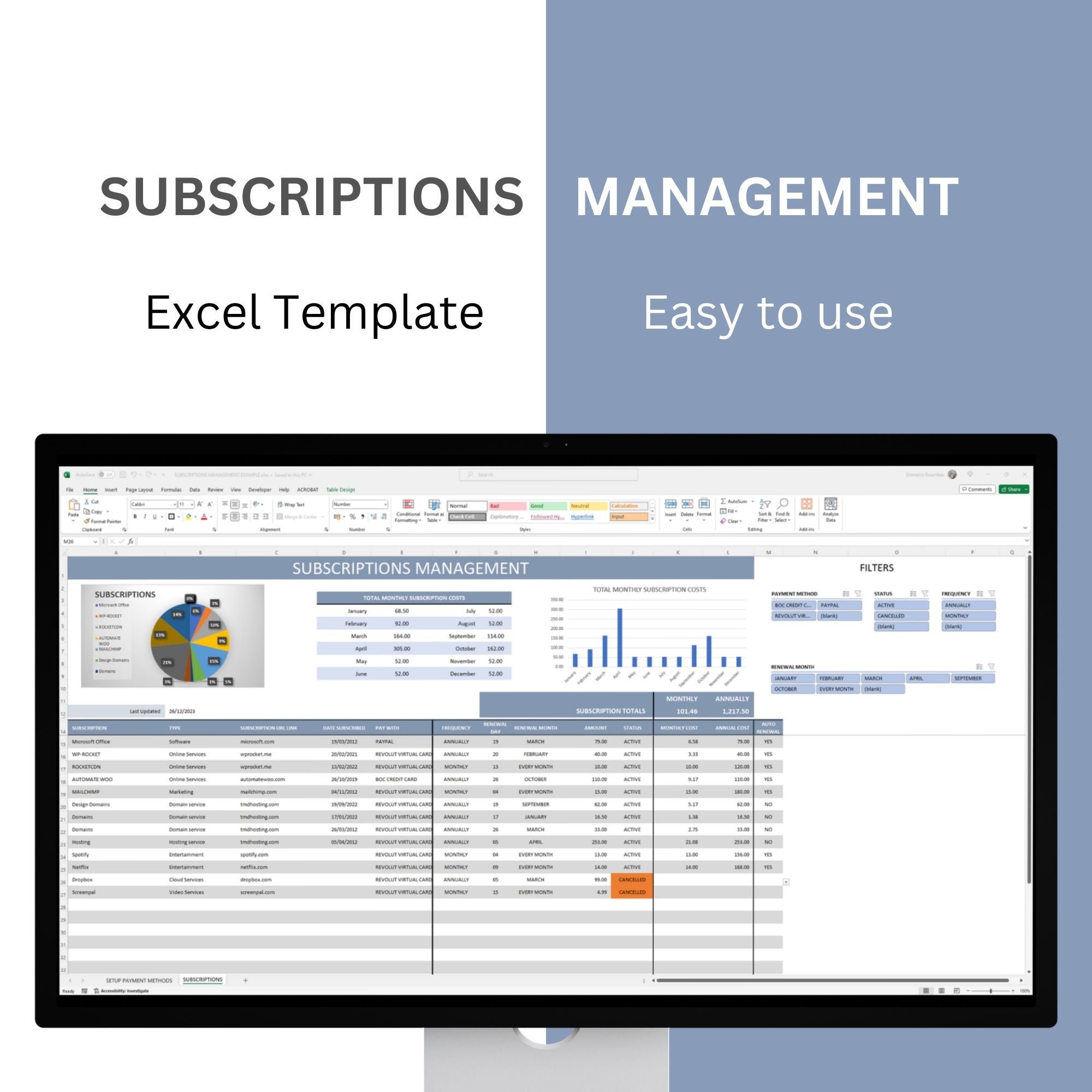 Subscriptions Management List Excel Google Sheets Spreadsheet, Manage ...