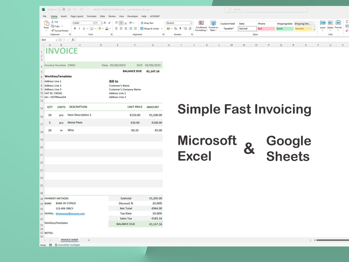Simple Invoice Excel Google Sheets Template for Small Business, Fast ...