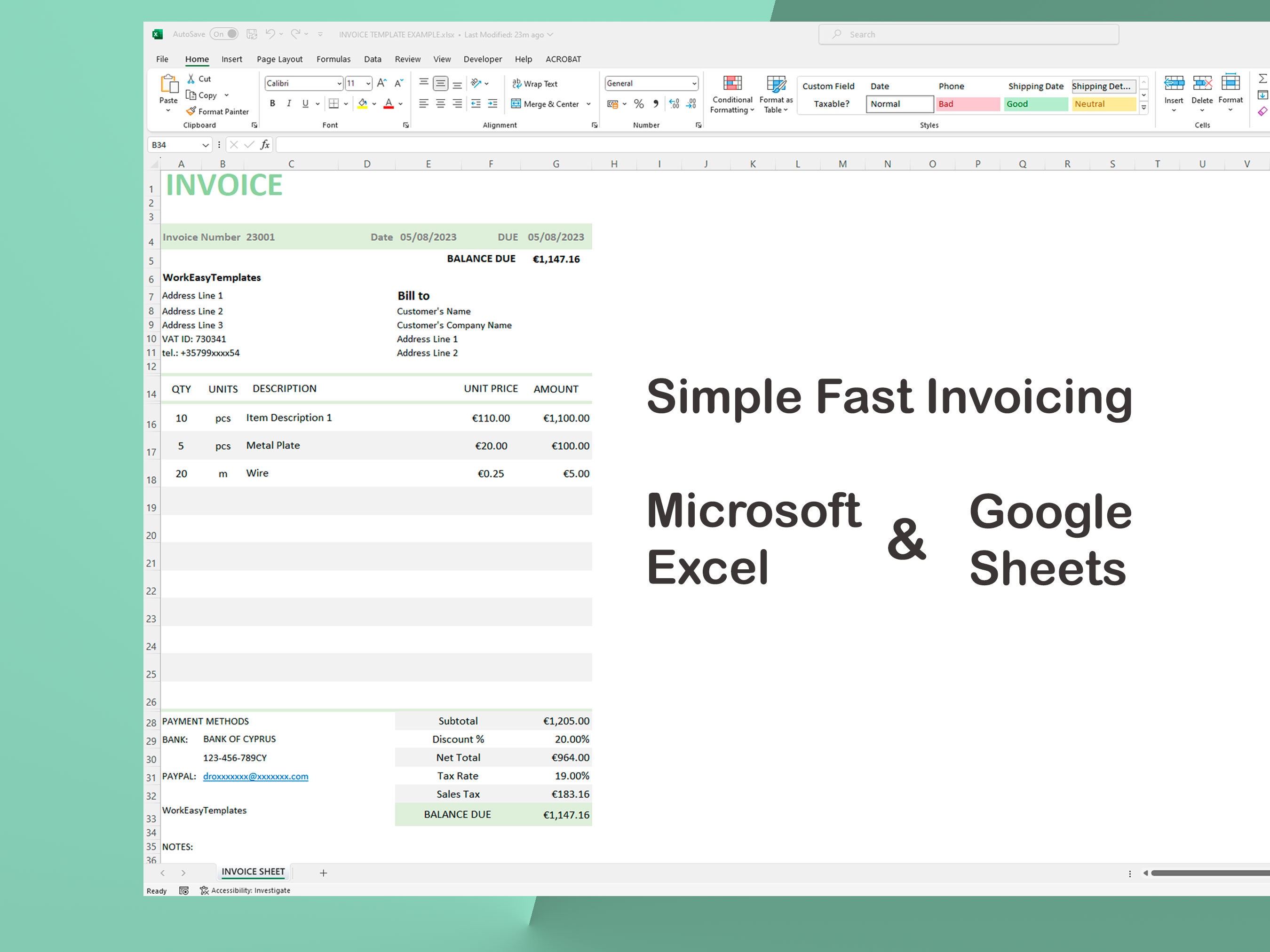 Simple Invoice Excel Google Sheets Template for Small Business, Fast ...