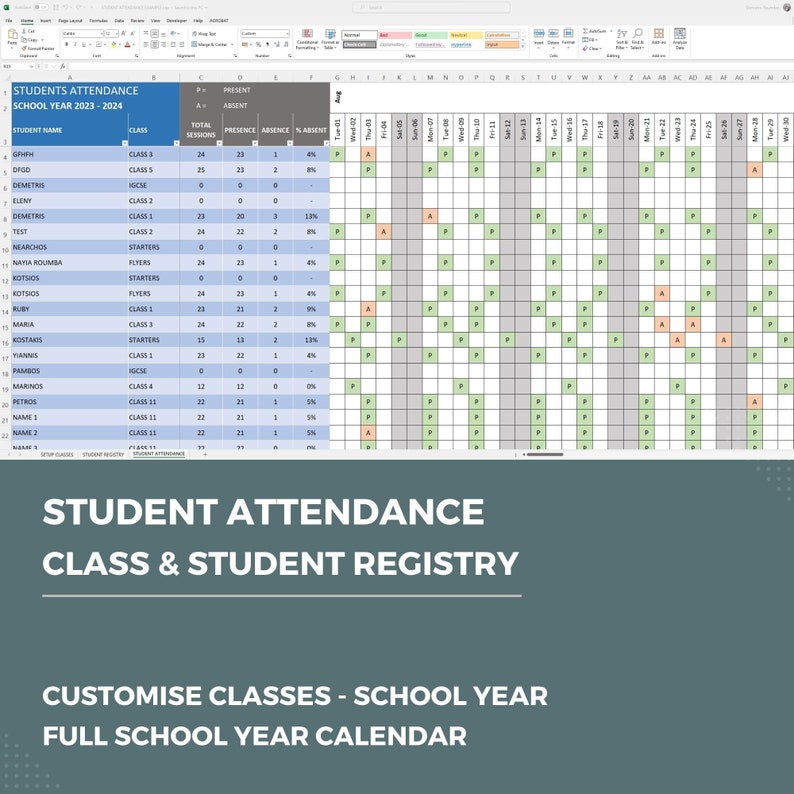 Student Attendance Reporting, School Class Registry Excel Spreadsheet ...