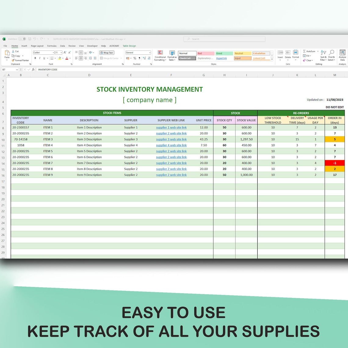 Supplies Stock Inventory Management Excel Google Sheets Spreadsheet ...