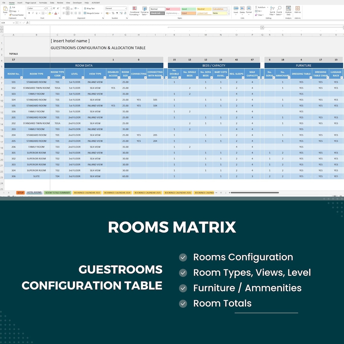 Hotel and Hotel Apartments Bookings Calendar Excel Spreadsheet Template ...