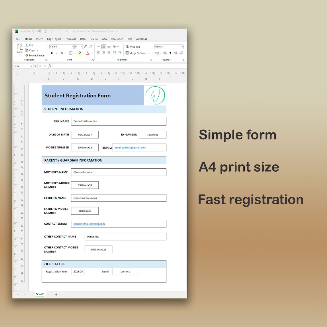 Student Registration Form Excel Google Sheets Spreadsheet Template ...