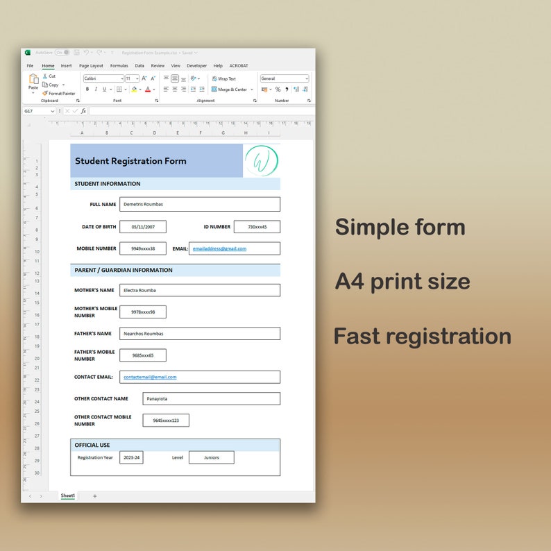 Student Registration Form, Excel Google Sheets Template - Etsy