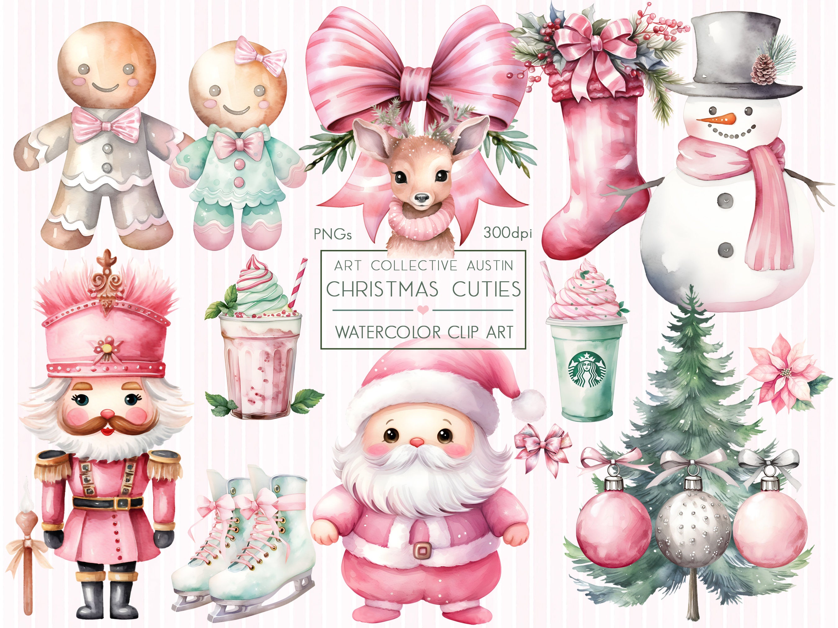 Christmas Clip Art Preppy Peppermint Pink Mint Green Watercolor Holiday ...