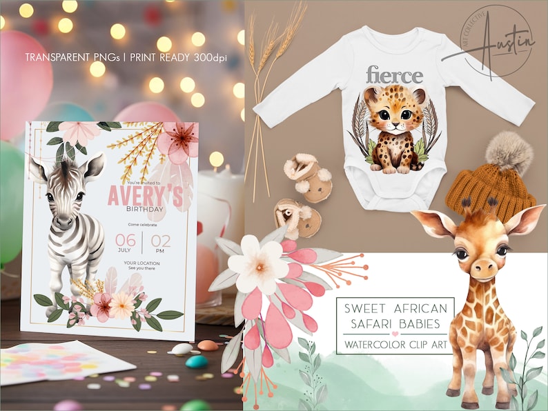 Baby Safari Animals Clip Art Giraffe Elephant Lion Tiger - Etsy