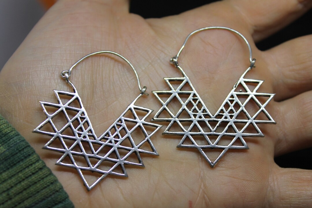 Geometric Grid Sri Yantra Hoops, Hoop Earrings, Earrings Brass Boho - Etsy