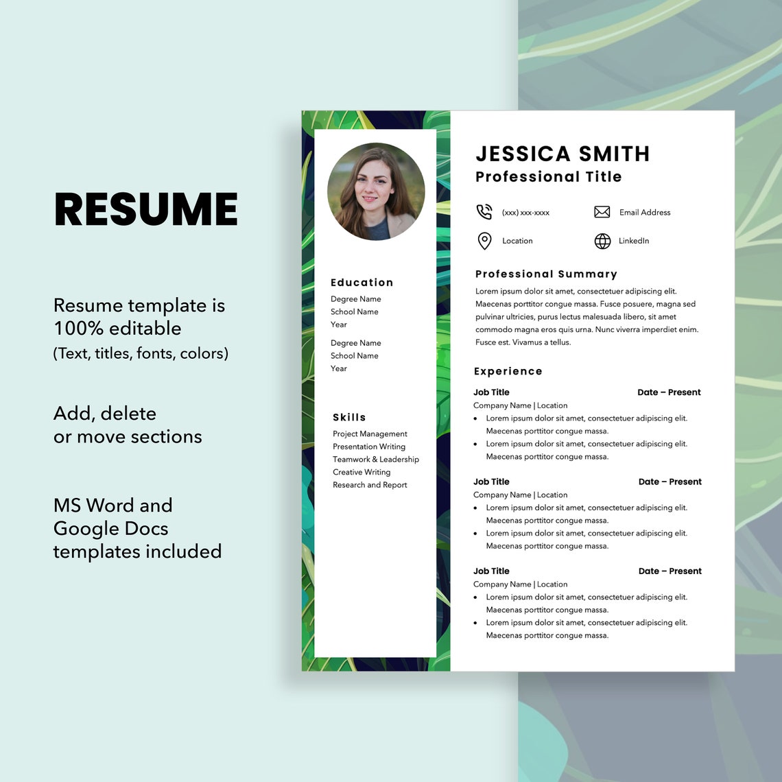 Modern Resume Template, Resume Template for Microsoft Word & Google ...