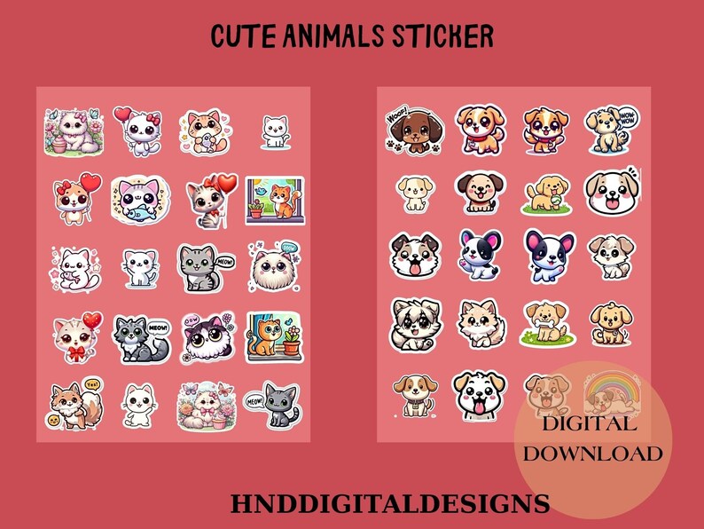 Digital Sticker, Printable Sticker, Cute Dog Sticker, Cute Cat Sticker ...