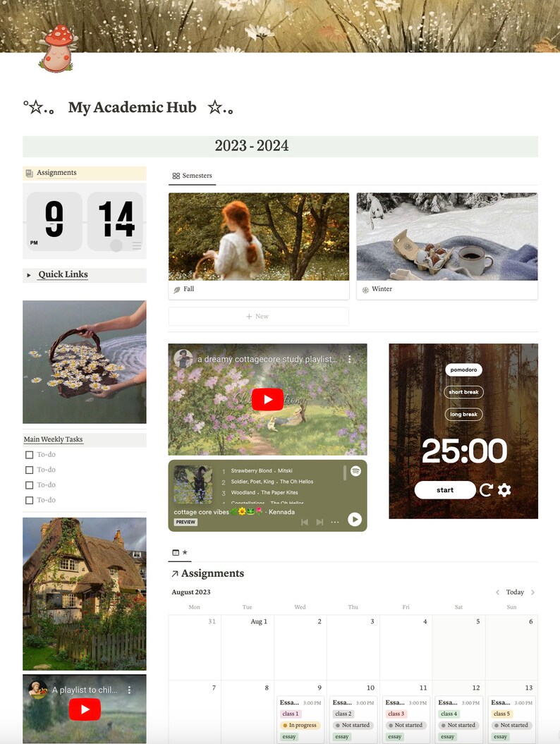 Cute Cottage Core Aesthetic Notion Template for Students - Etsy