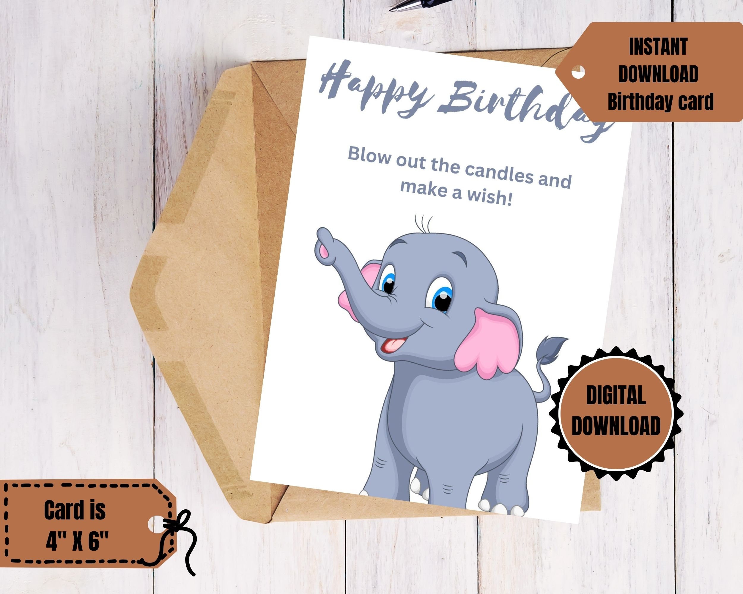 Cute Elephant Birthday Card, Printable Elephant Birthday Card, Birthday ...