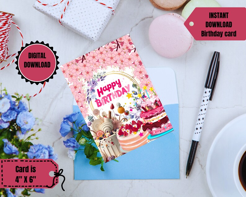 Cake Card for Birthday, Printable Cake Birthday Card, Birthday Card ...