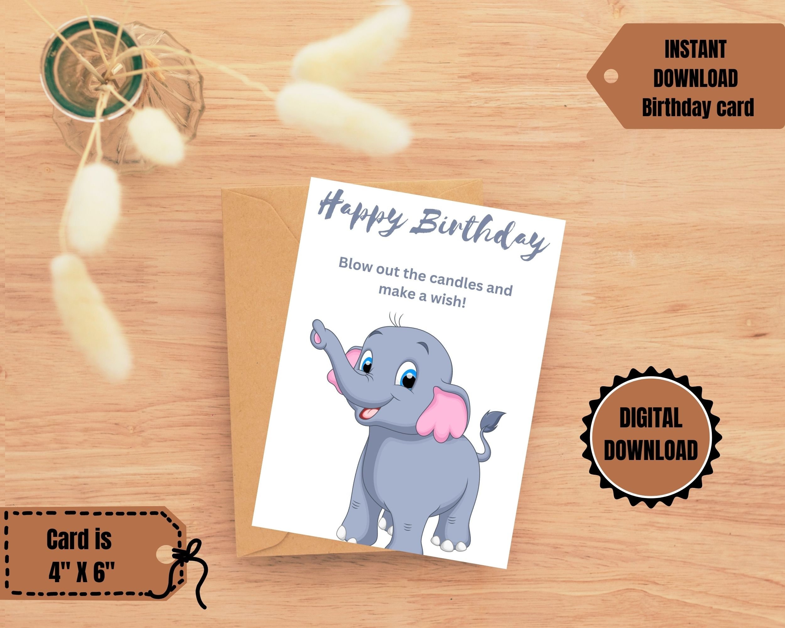 Cute Elephant Birthday Card, Printable Elephant Birthday Card, Birthday ...