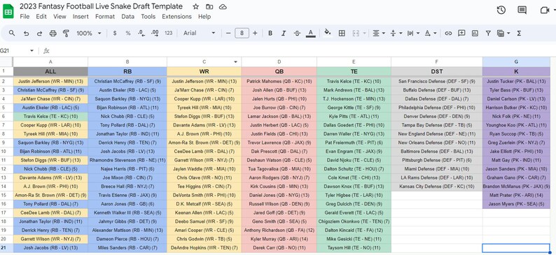2023 Fantasy Football Live Snake Draft Excel Template - Etsy