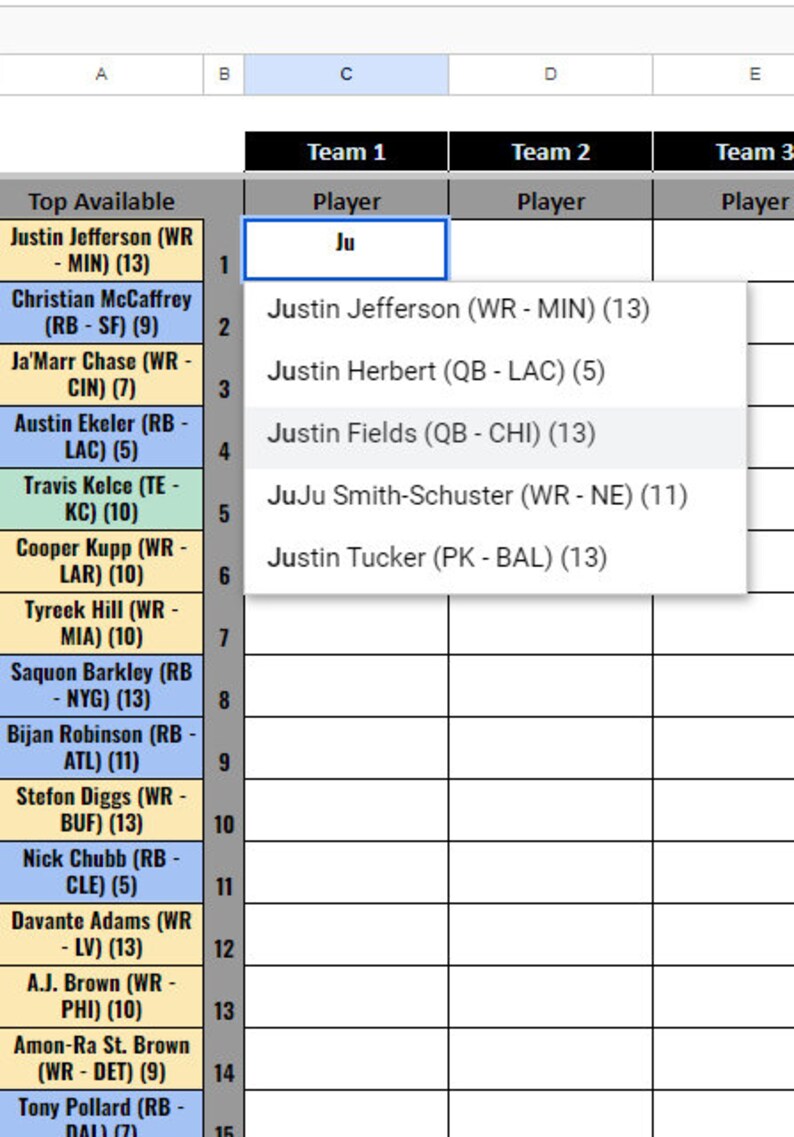 2023 Fantasy Football Live Snake Draft Excel Template - Etsy Australia