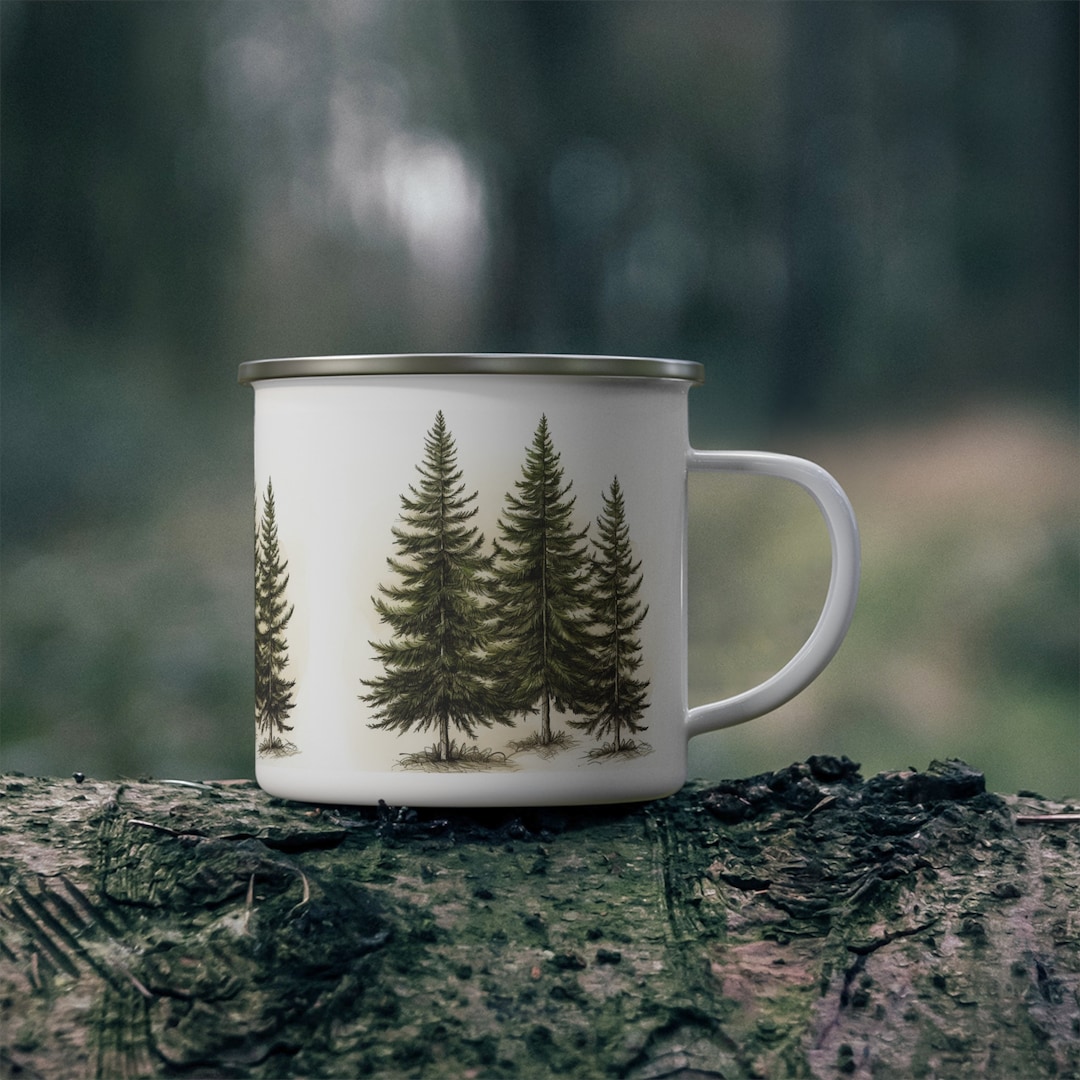Enamel Pine Tree Mug, Camping Mug, Tree Outdoors Mug, Hand Drawn Pine ...