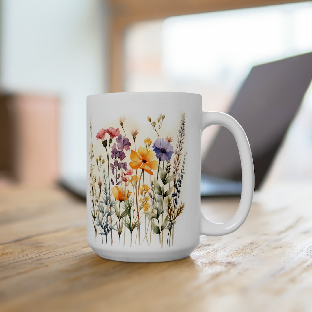 Pressed Flower Mug, Boho Wild Flower Cottagecore Coffe Mug, Pastel ...
