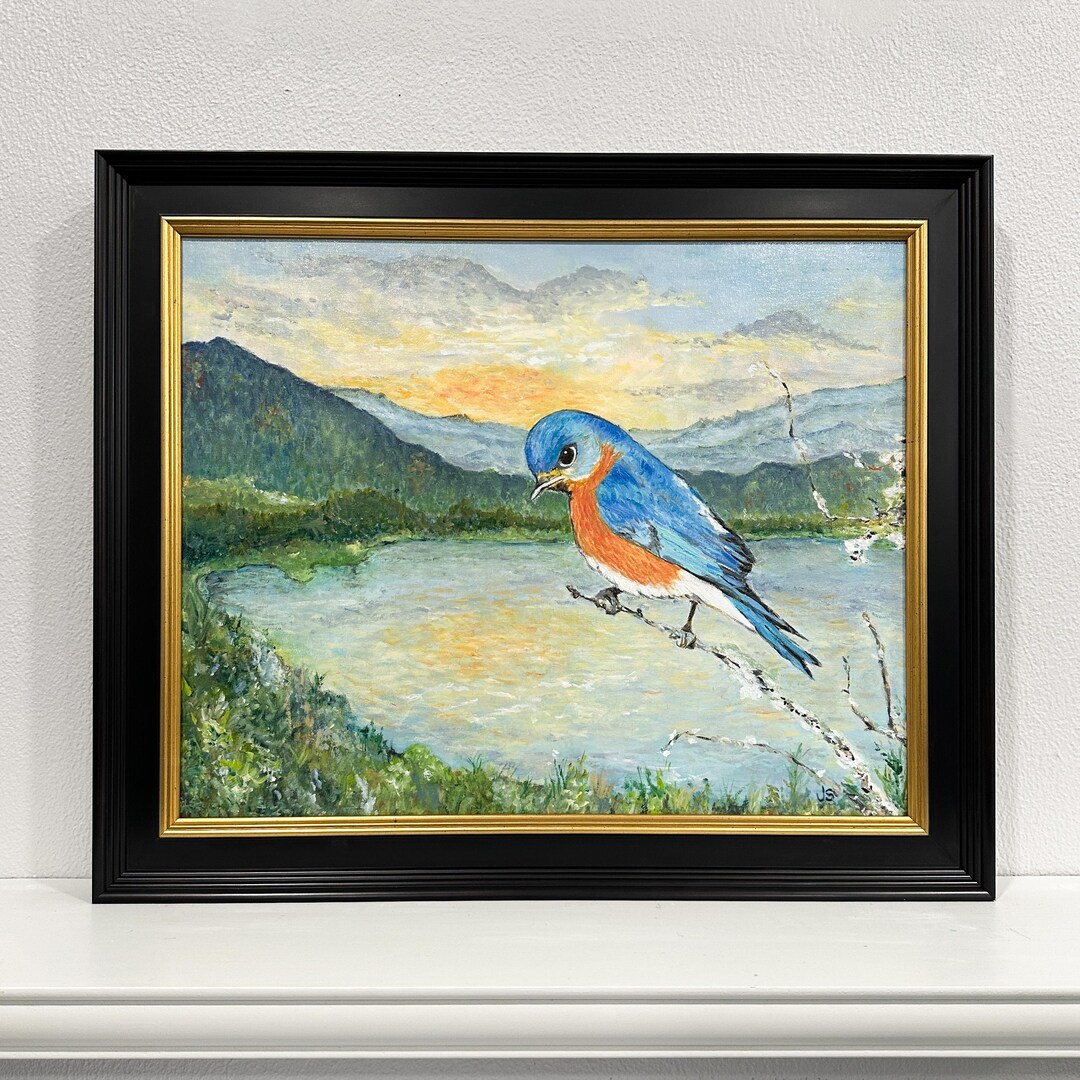 Sunset Bluebird, Framed Original Oil Painting 20"x16", Nature ...