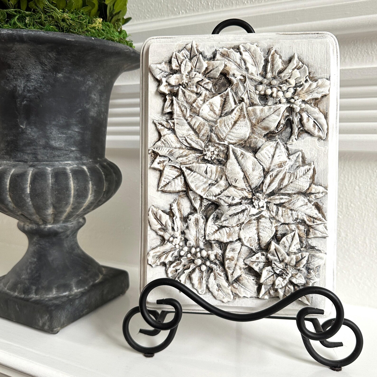 Poinsettia Clay Bas-relief Painting, Hand Sculpted Artwork, French ...