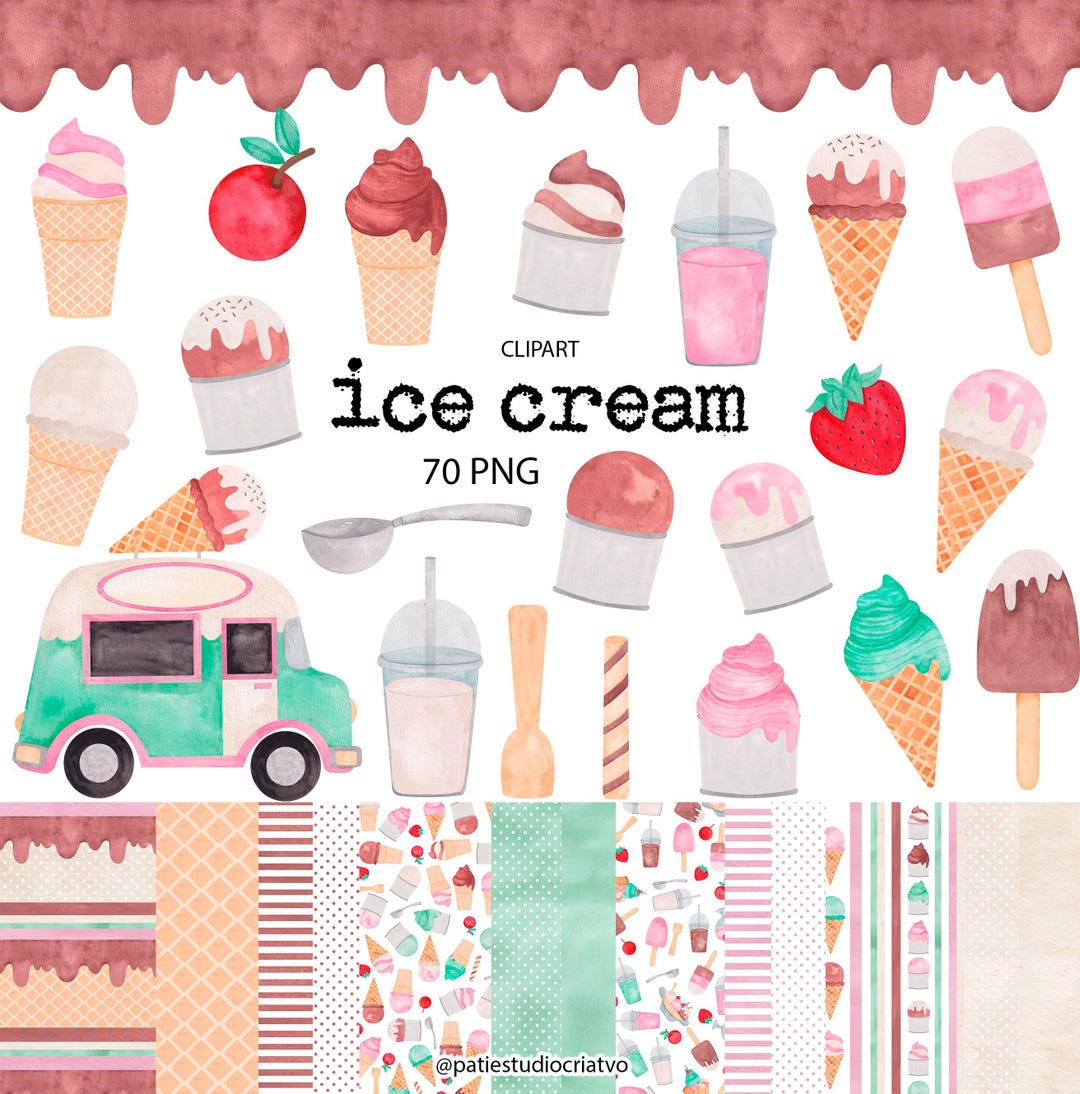 Package Ice Cream Watercolor Clipart Set, Ice Cream Stall, Pink and ...