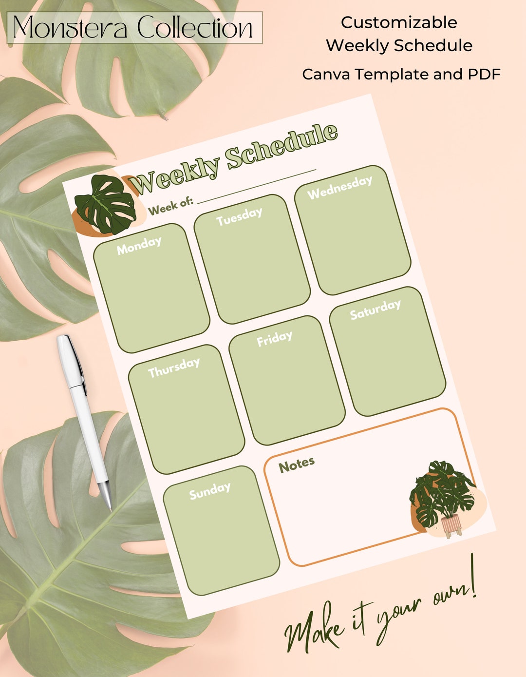 Printable Weekly Planner and Canva Template Undated and Customizable - Etsy