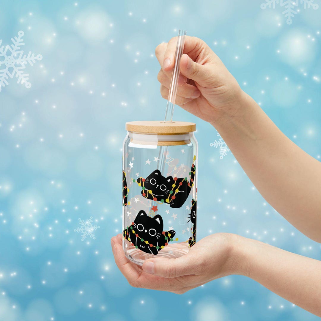 Christmas Cat Sipper Glass, Holiday Cat Lover Gift, Cute Christmas Cat ...