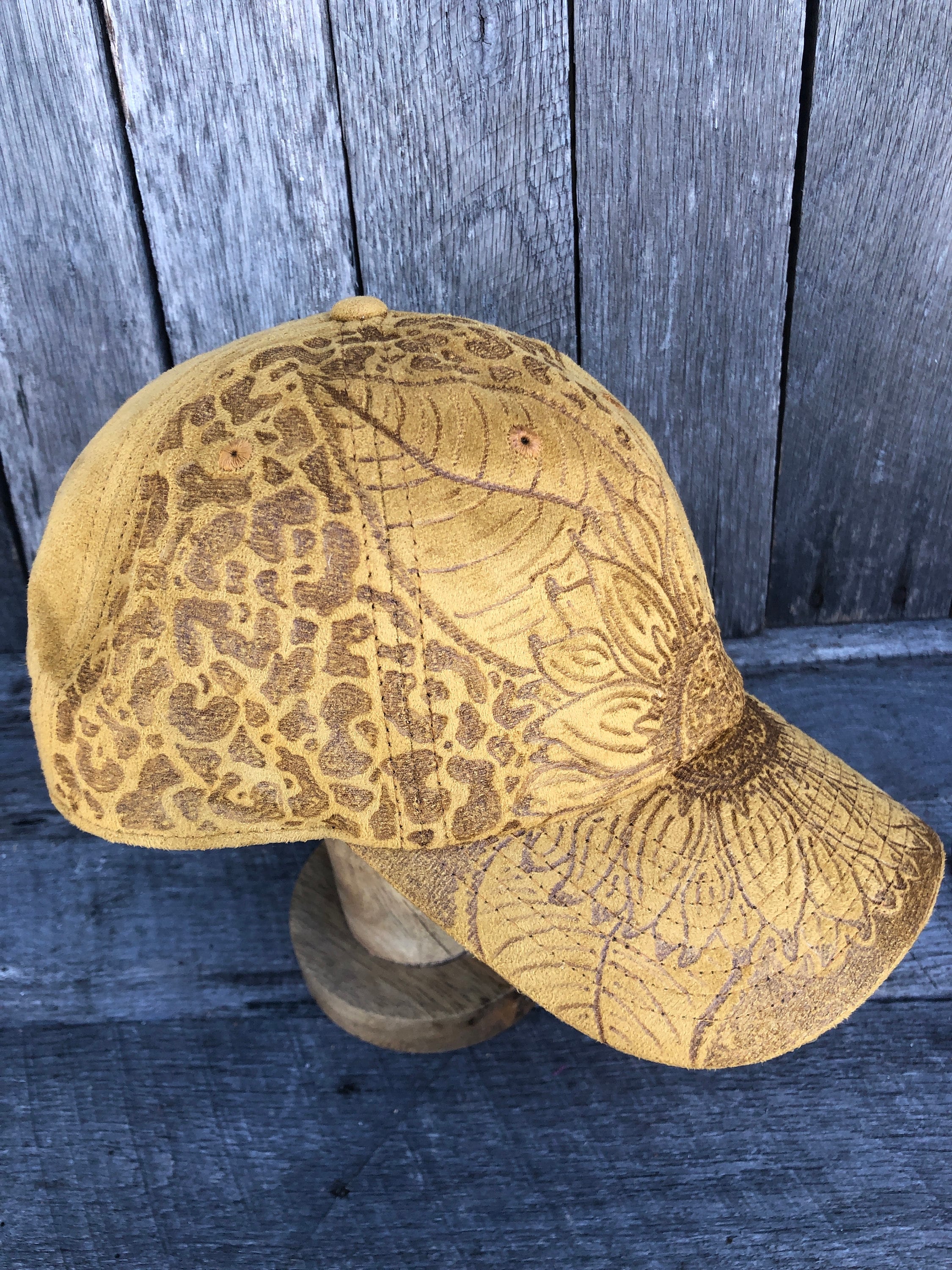 Burned Sunflower Baseball Cap, Sunflower and Leopard Design, Pyrography ...