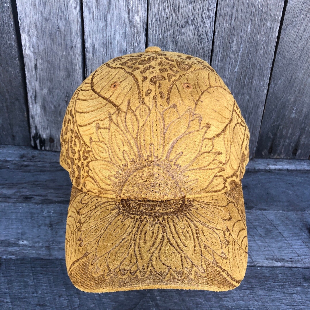 Burned Sunflower Baseball Cap, Sunflower and Leopard Design, Pyrography ...