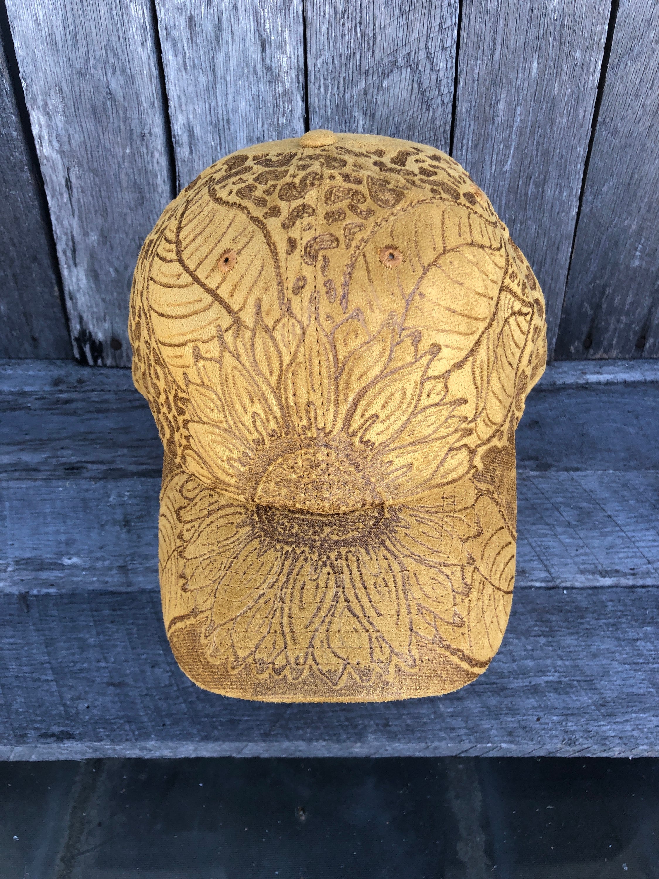 Burned Sunflower Baseball Cap, Sunflower and Leopard Design, Pyrography ...