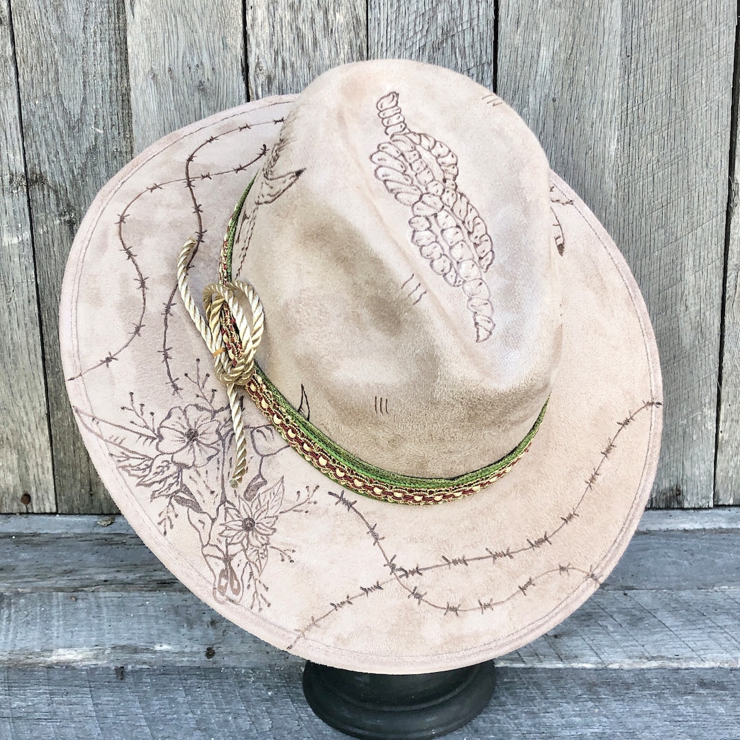 Custom Burned Hats, Burned and Distressed Hats, Fedora Hat Designs, Western Style, Steer Skulls ...