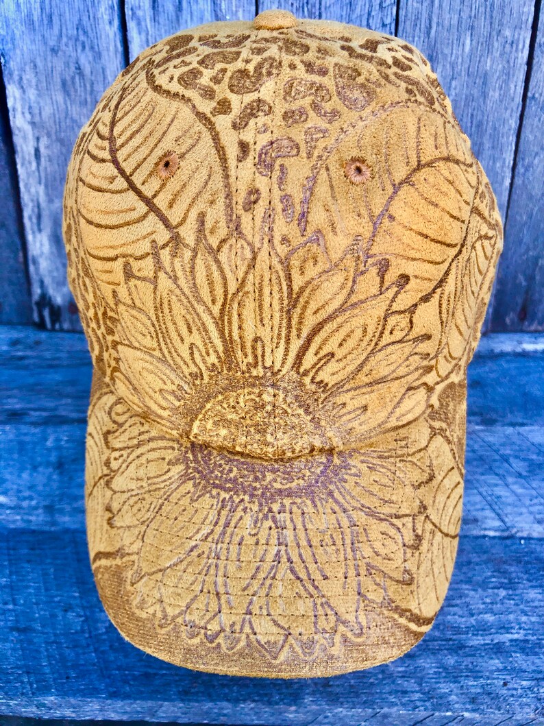 Burned Sunflower Baseball Cap, Sunflower and Leopard Design, Pyrography ...