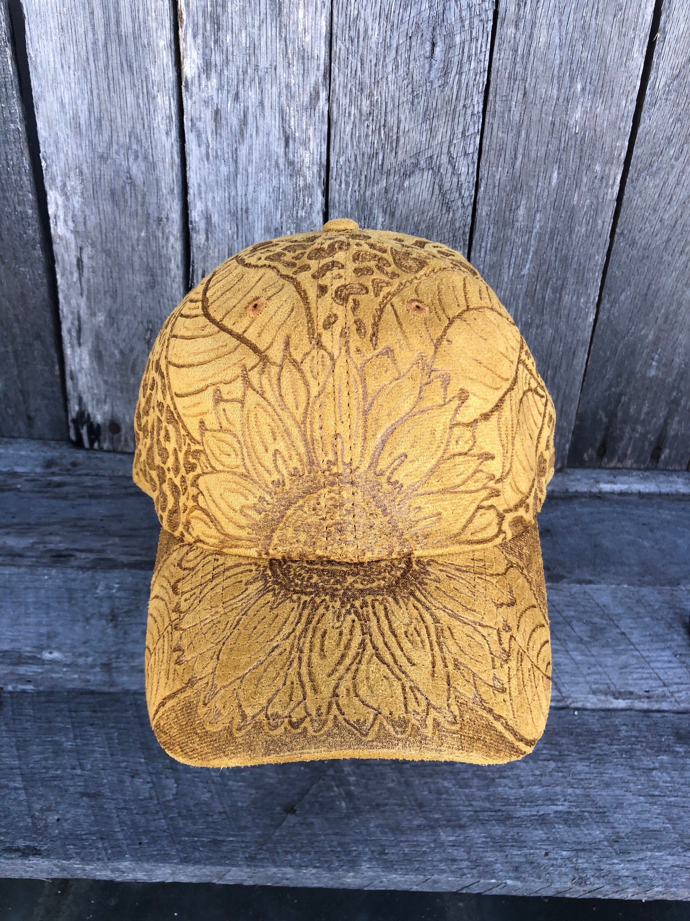 Burned Sunflower Baseball Cap, Sunflower and Leopard Design, Pyrography ...