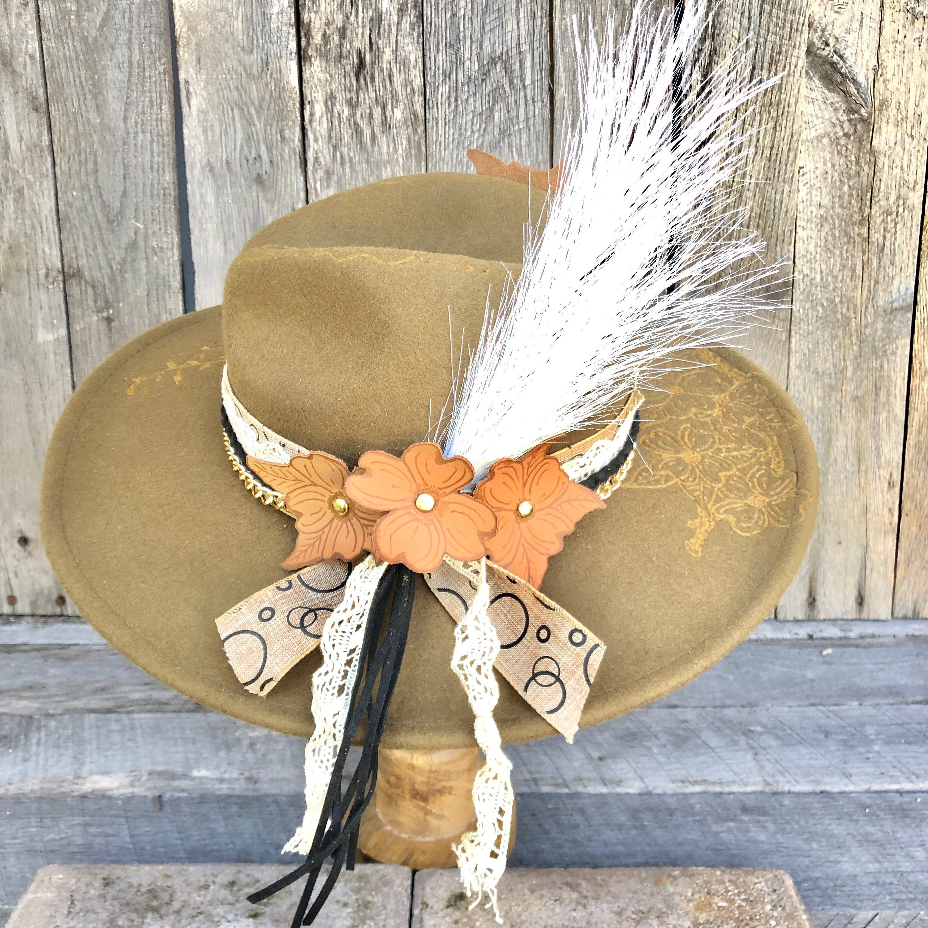 Custom Burned Hats, Dogwood and Vines, Handcrafted Leather Flowers ...