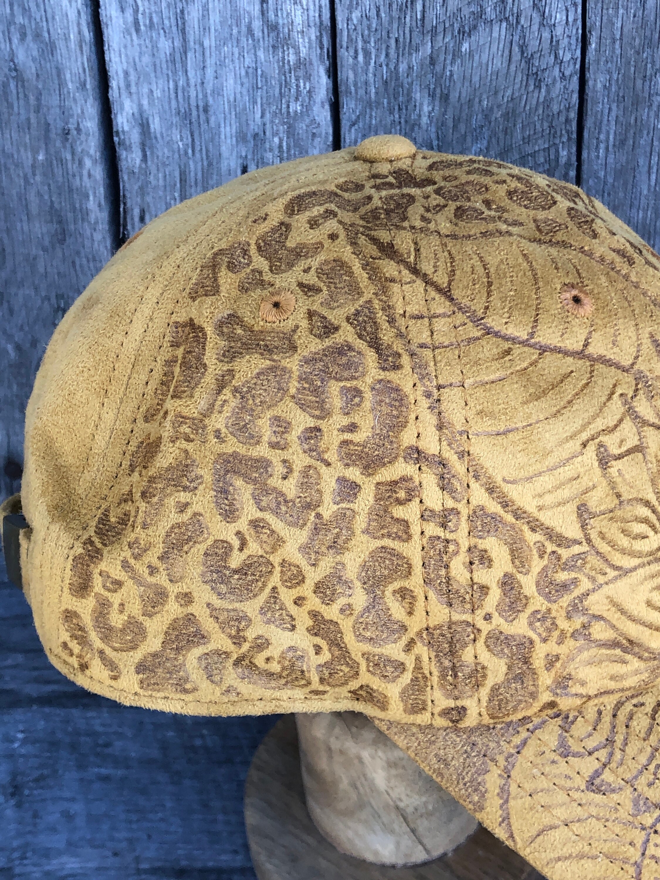 Burned Sunflower Baseball Cap, Sunflower and Leopard Design, Pyrography ...
