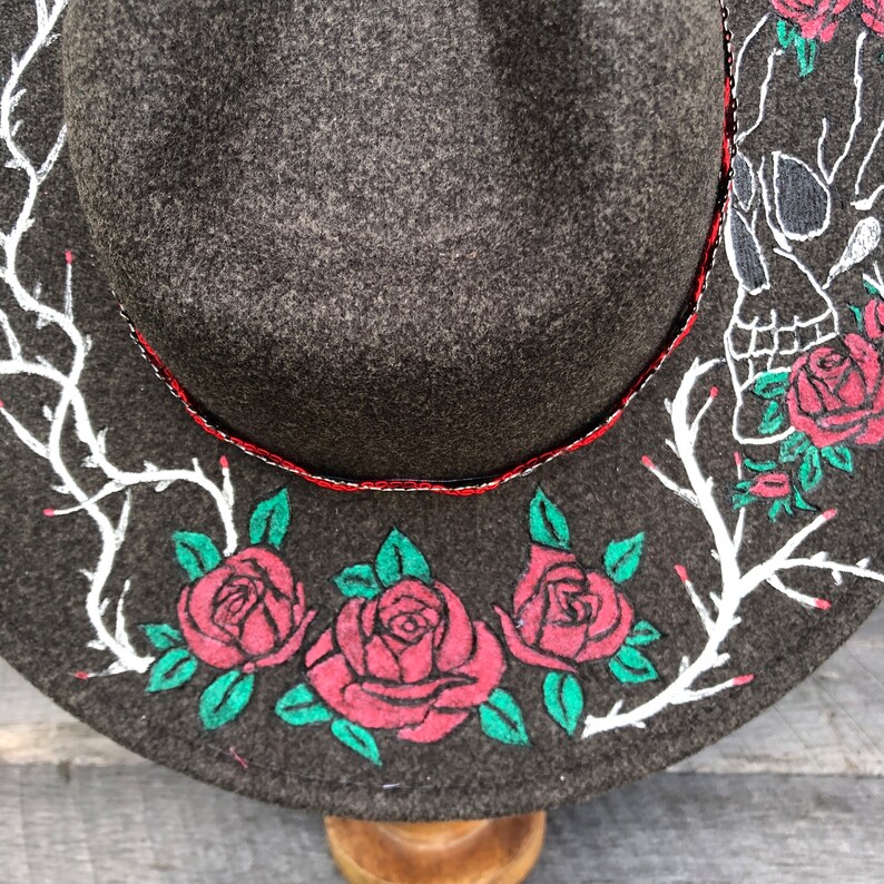 Custom Burned Hats, Distressed Hats, Fedora Hat Design, Skull and Roses ...