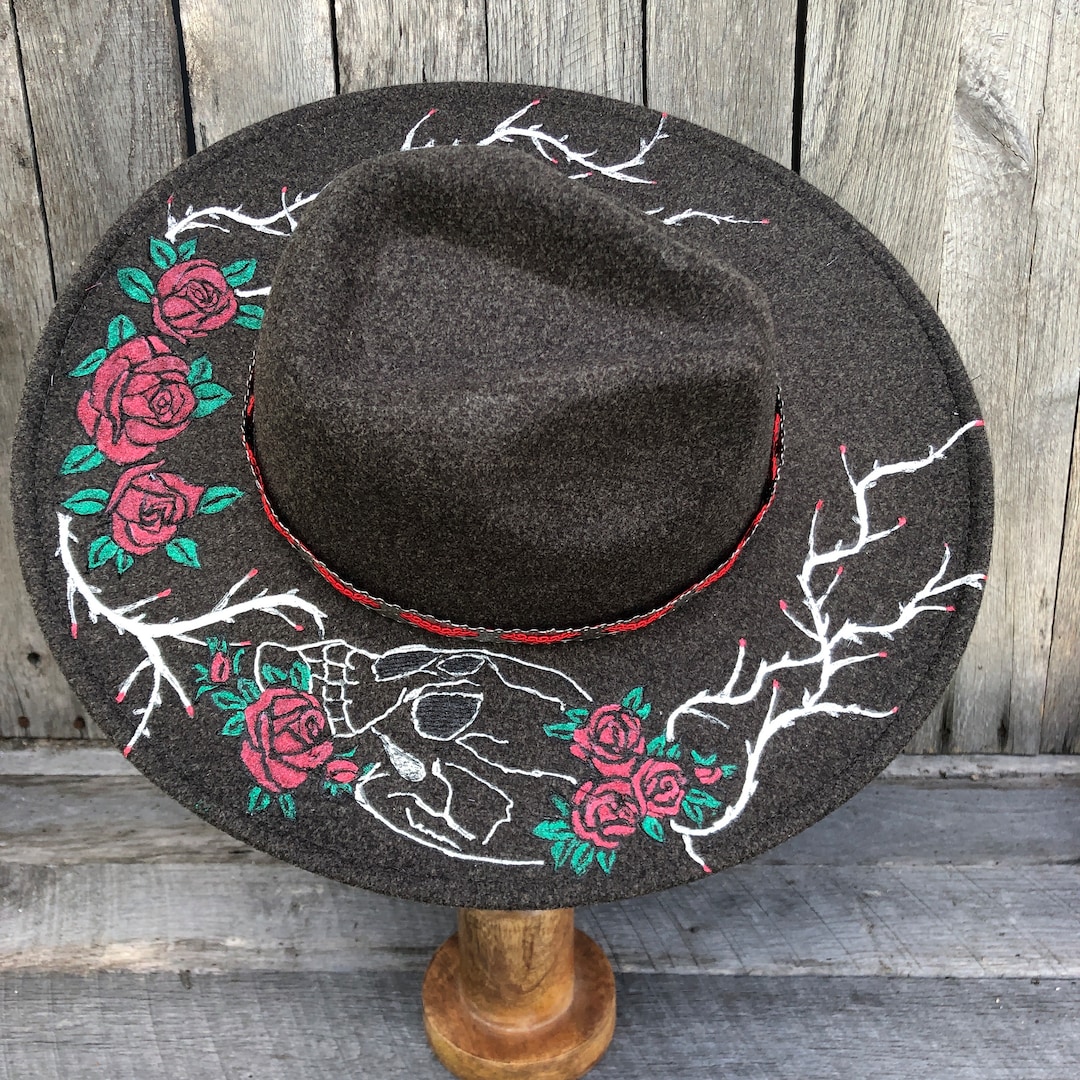 Custom Burned Hats, Distressed Hats, Fedora Hat Design, Skull and Roses ...