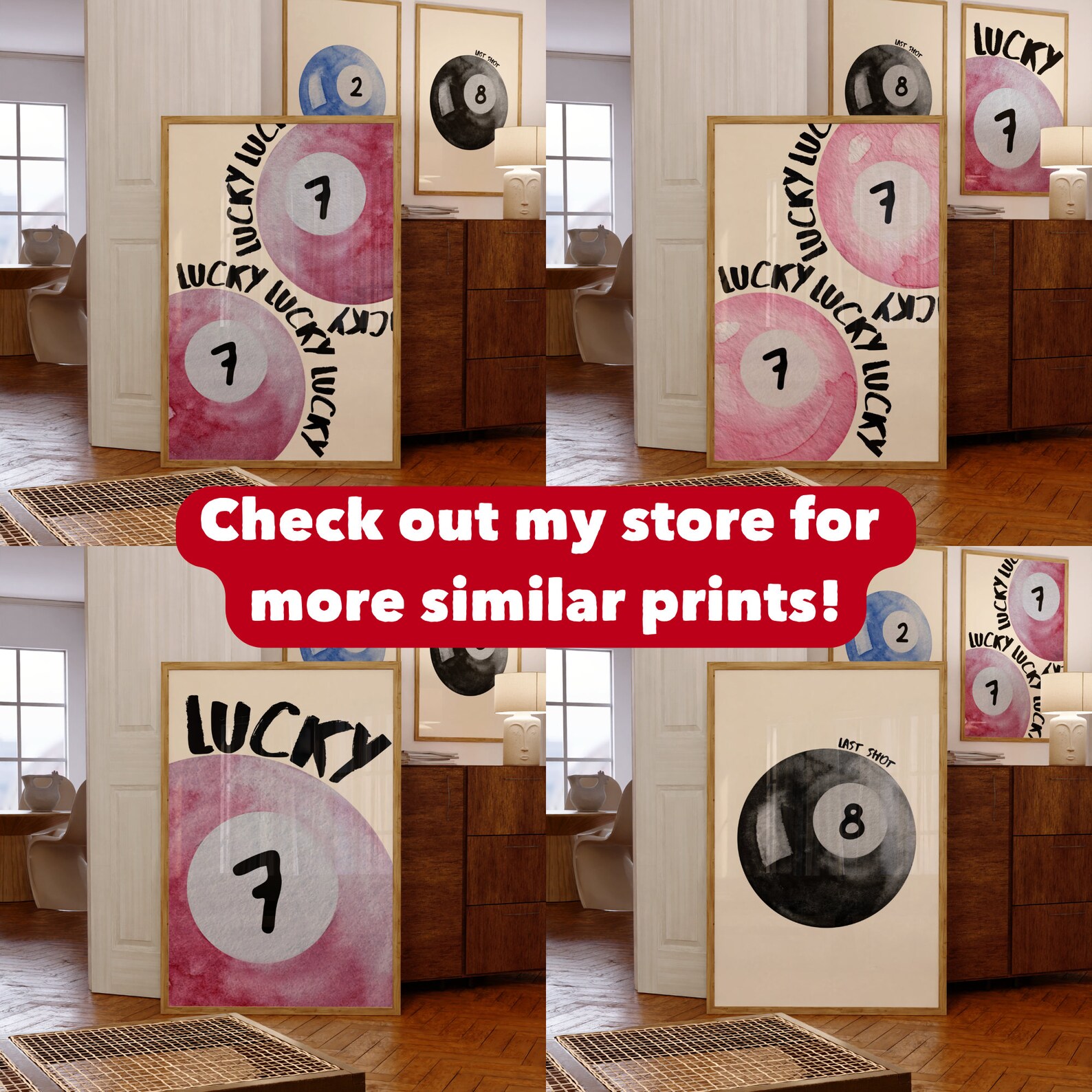 Vintage Pool 8 Ball Print Retro Hand-drawn Wall Art Trendy Lucky 8 Ball ...