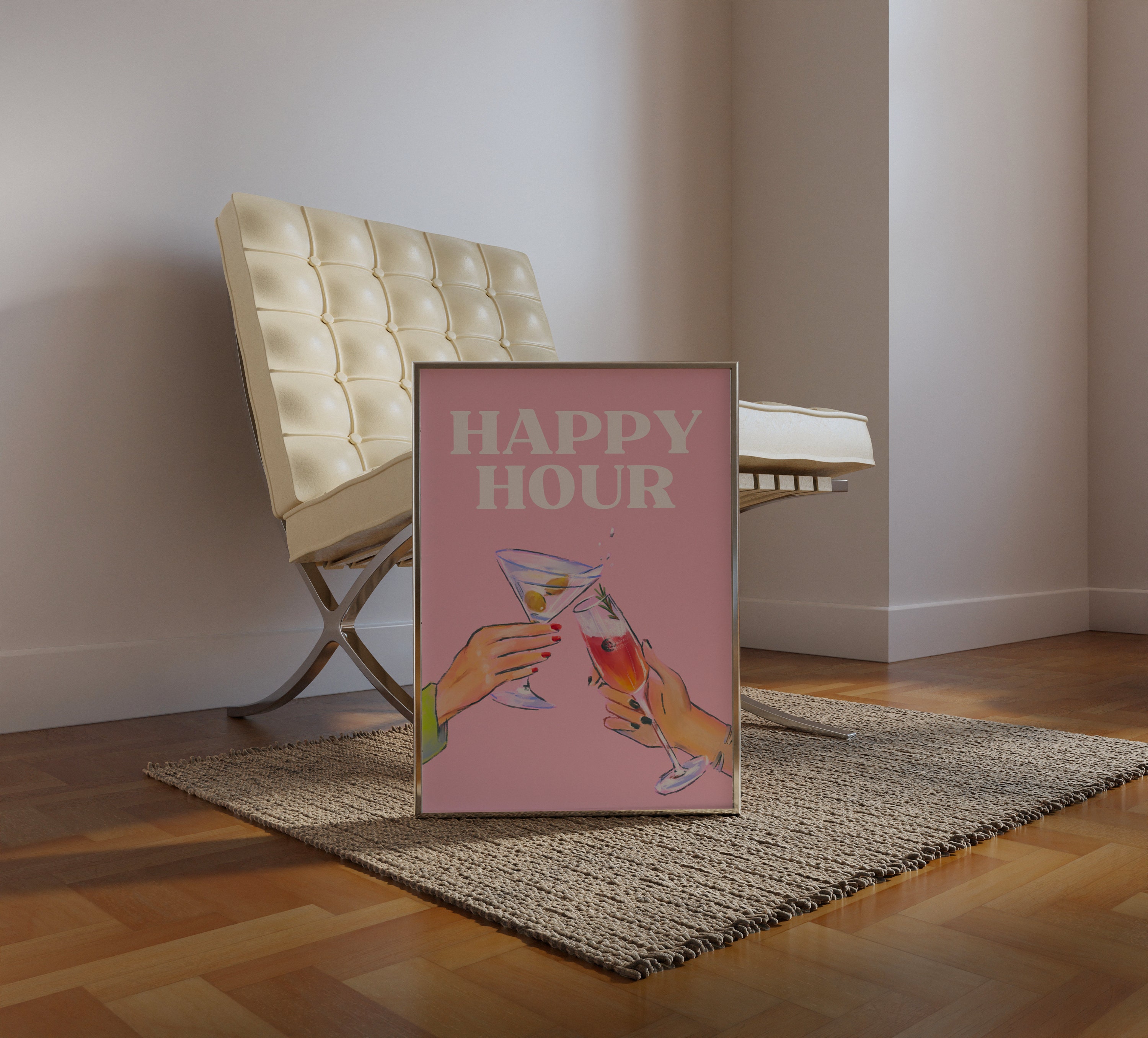 Bar Cart Retro Wall Art, Happy Hour Print, Pink Retro Alcohol Print ...