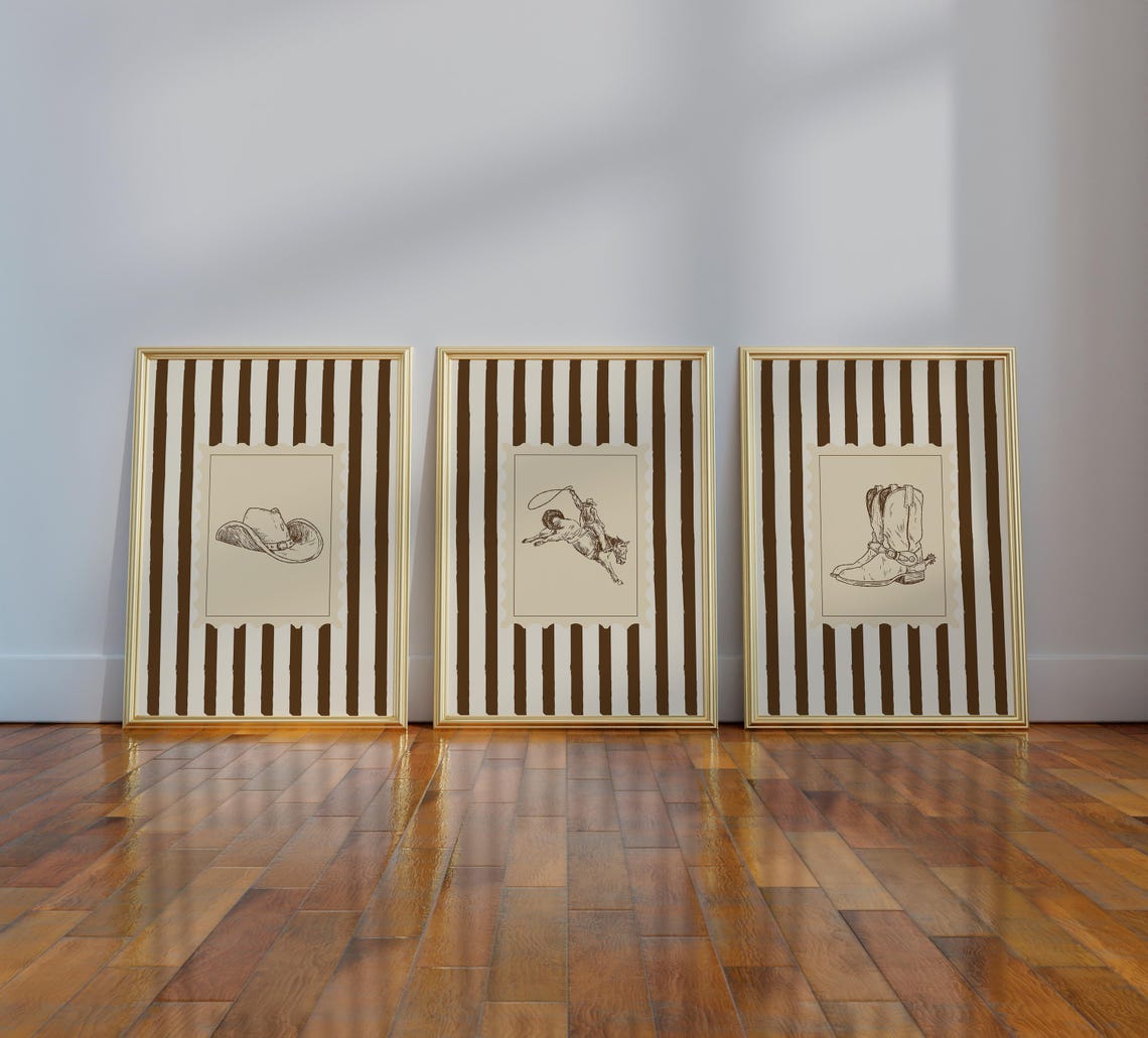 Western Cowboy Set of 3 Print Vintage Rodeo Sketch Wall Art Retro Horse ...