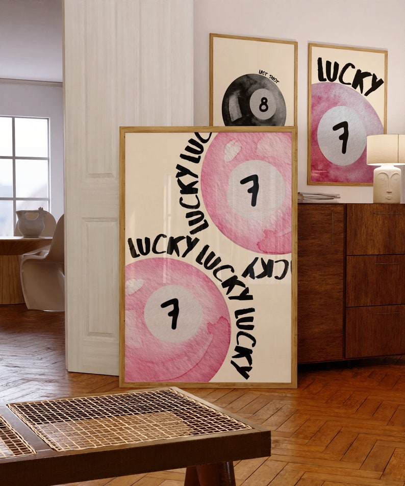 Vintage Pink Pool Ball Print Retro Hand-drawn Wall Art Trendy Lucky 7 ...