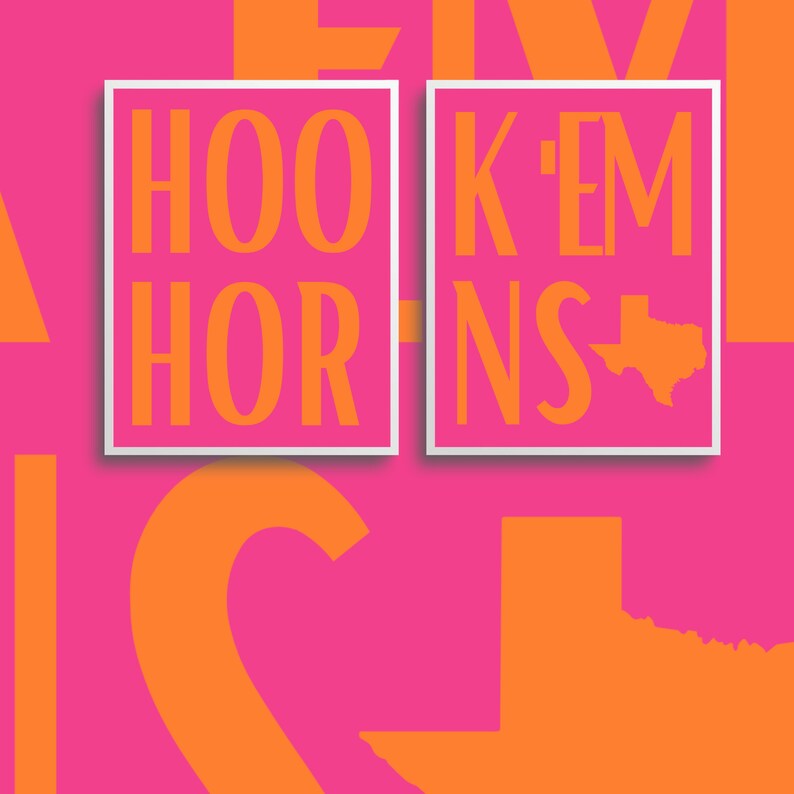 Preppy Hook Em Set of 2 Austin Texas Preppy Room Decor Pink Orange Wall ...
