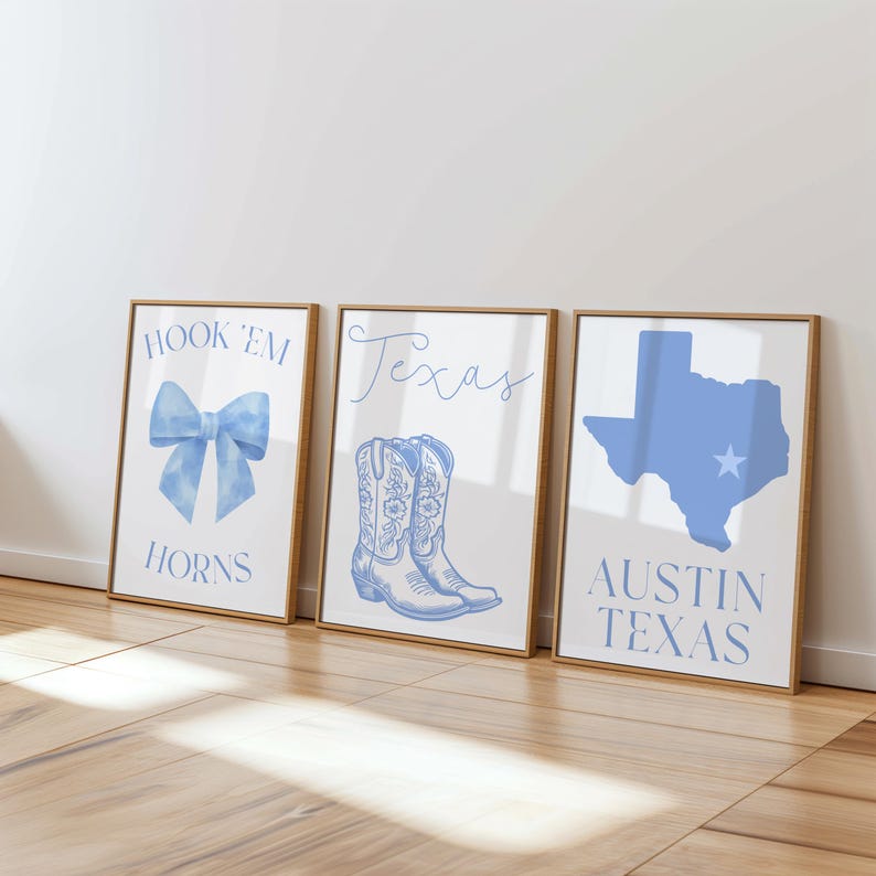 Preppy Blue Austin Texas Set of 3, Trendy Hook Em Prints, Preppy Room ...