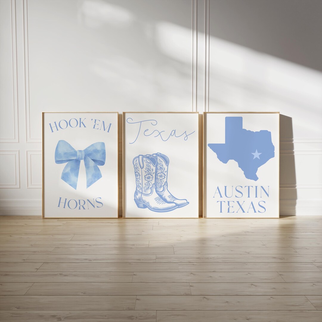 Preppy Blue Austin Texas Set of 3, Trendy Hook Em Prints, Preppy Room ...