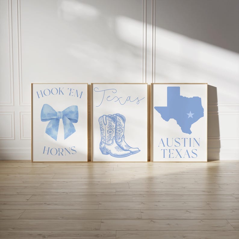 Preppy Blue Austin Texas Set of 3, Trendy Hook Em Prints, Preppy Room ...