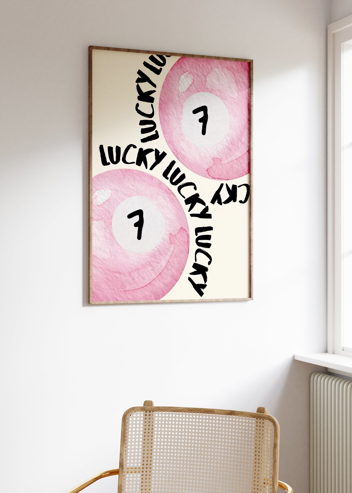 Vintage Pink Pool Ball Print Retro Hand-drawn Wall Art Trendy Lucky 7 ...
